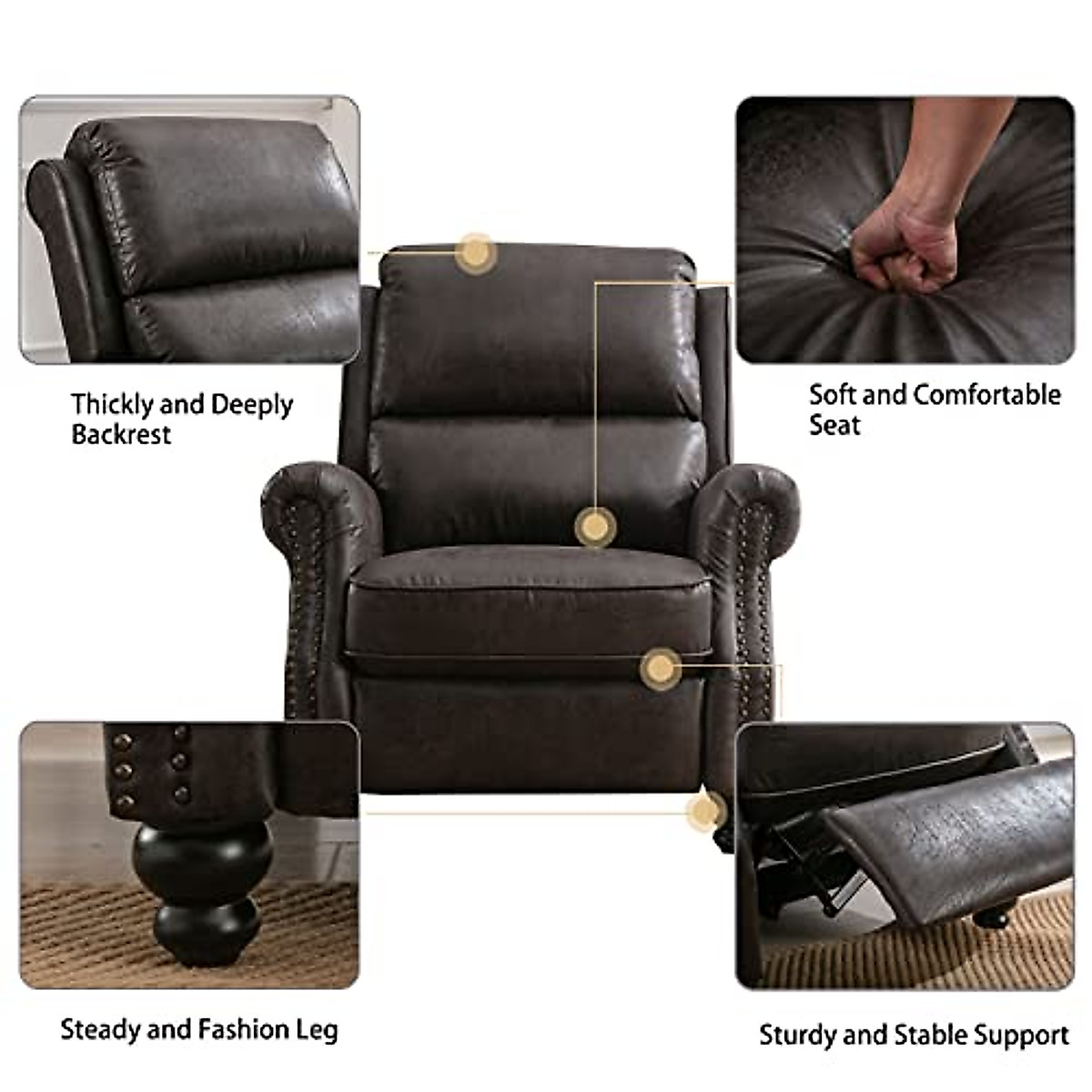 CANMOV Pushback Recliner Chair Leather Armchair Push Back Recliner with Rivet Decoration Single Sofa Accent Chair for Living Room, Dark Grey