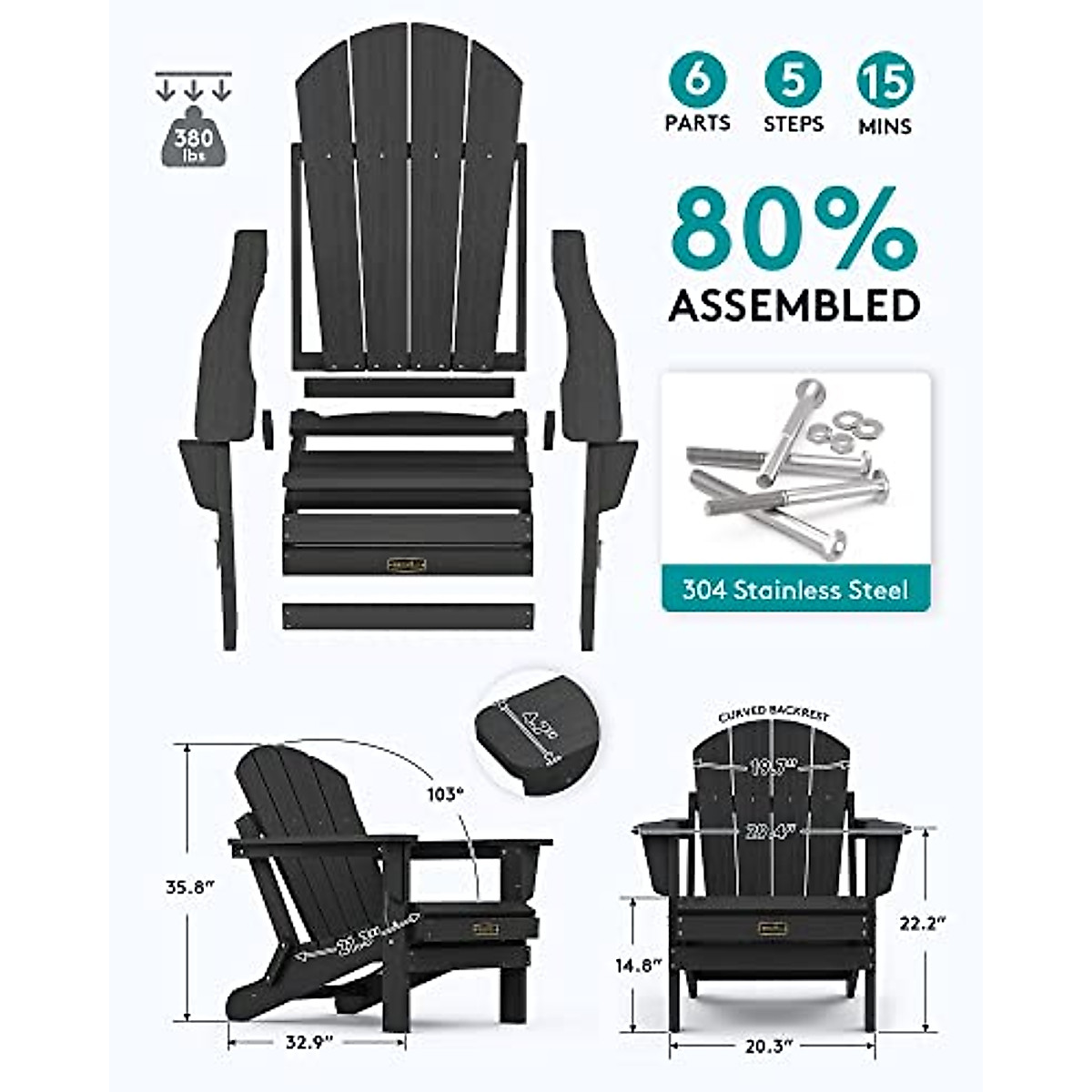 Folding Adirondack Chair Patio Chairs Lawn Chair Outdoor Adirondack Chair Weather Resistant for Patio Deck Garden, Backyard Deck, Fire Pit & Lawn Furniture Lawn Seating- Black