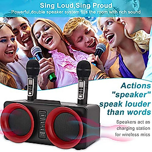 ALPOWL Karaoke Machine for Kids Adults with 2 UHF Wireless Microphone, Portable Bluetooth Speaker PA System with LED Lights for Home Party, Wedding, Church, Picnic, Outdoor/Indoor (Black I)