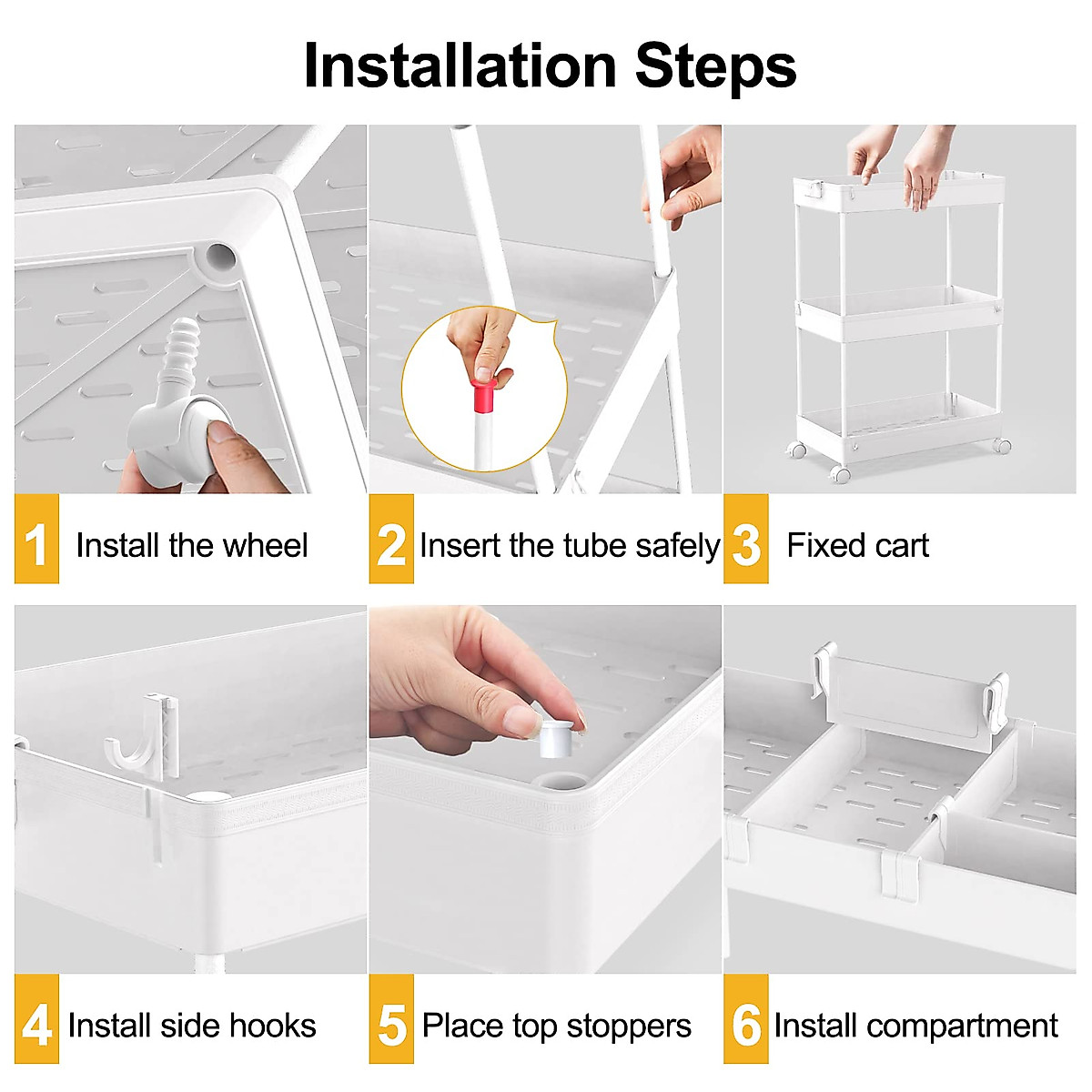 SPACELEAD 3 Tier Rolling Cart with Wheels, Storage Craft Art Trolley Organizer Serving, 3 Hanging Baskets Easy Assembly, for Office, Living Room, Kitchen, White