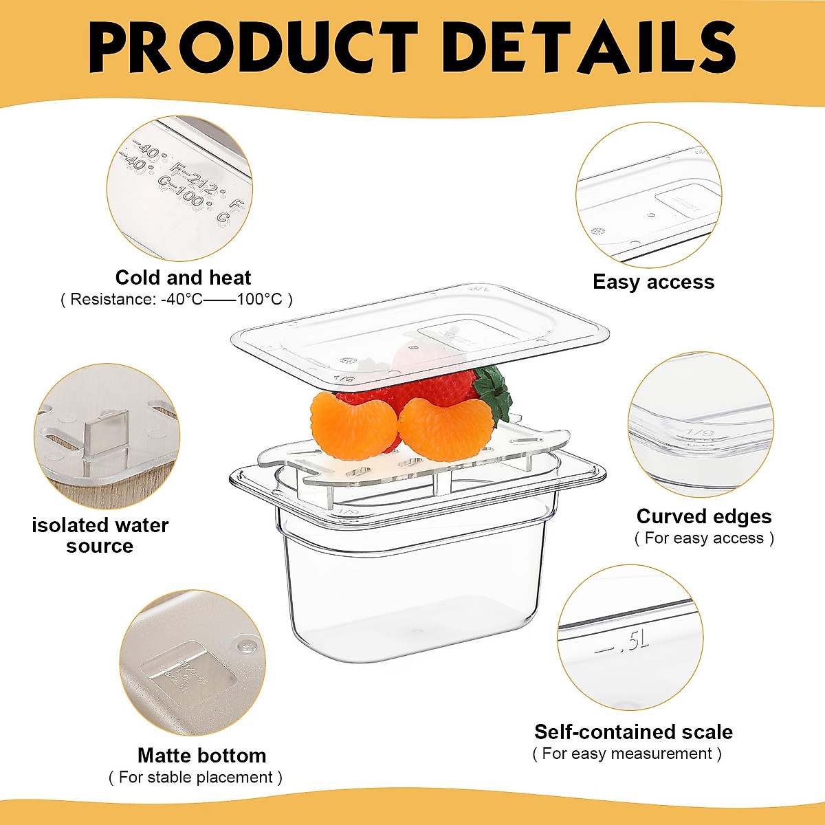 Sunnyray 6 Set 1/9 Size Polycarbonate Food Pans with Lids and Drain Shelf Deep Square Food Storage Containers for Kitchen Restaurant Fruit Vegetable Storage