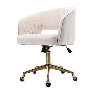ABET Desk Chair with Wheels, Velvet Home Office Chair, Swivel Armchair with Gold Base, Upholstered Modern Accent Chairs, Back Incline Adjustable for Vanity Living Room Bedroom, Off-White Cream