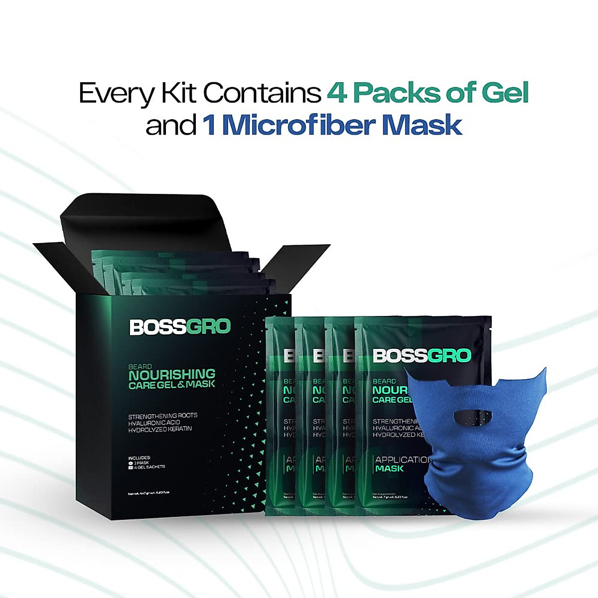 Bossgro Beard Growth Kit, Special Beard Growth Gel with Microfiber Mask, Nourishes and Revitalizes Beard and Mustache (Every Kit Contains 4 Packs of Gel and 1 Microfiber Mask) (3 Package)