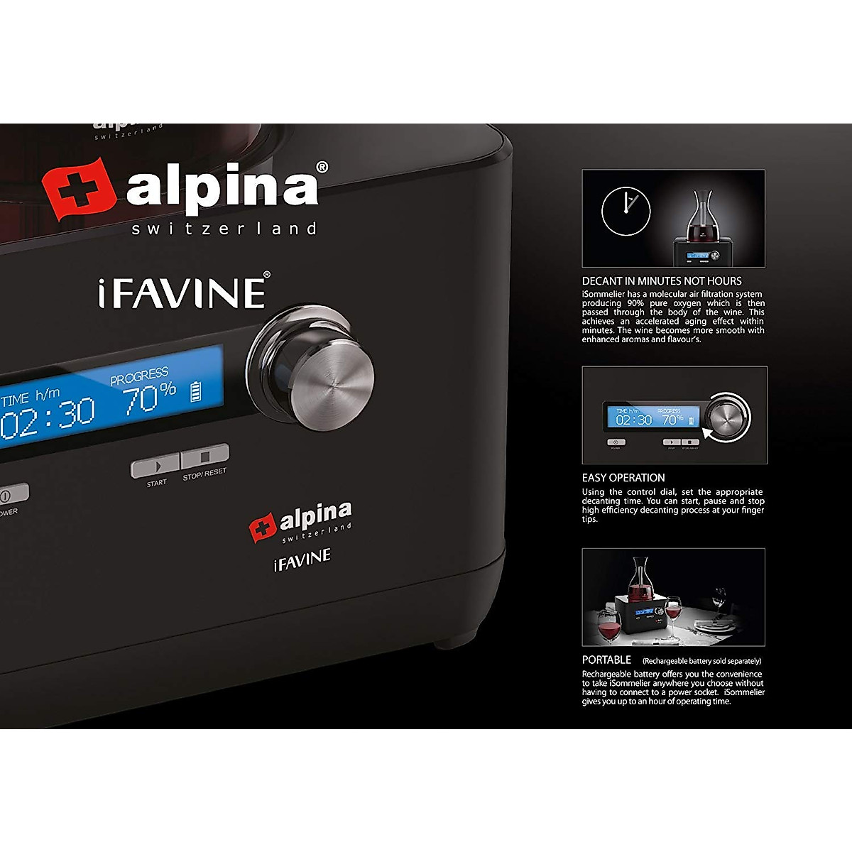 Alpina iFavine iSommelier Smart Electric Super Speed Wine Aerating Decanter Reduces Decanting Time to Seconds Black