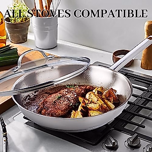 Deluxe Oil Gather Pro Stainless Steel Skillet, 11 Inch Frying Pan with Lid for Cooking, Prefesstional Cookware with Long and Stay Cool Handle Suit for All Stoves Induction Oven Dishwasher Safe
