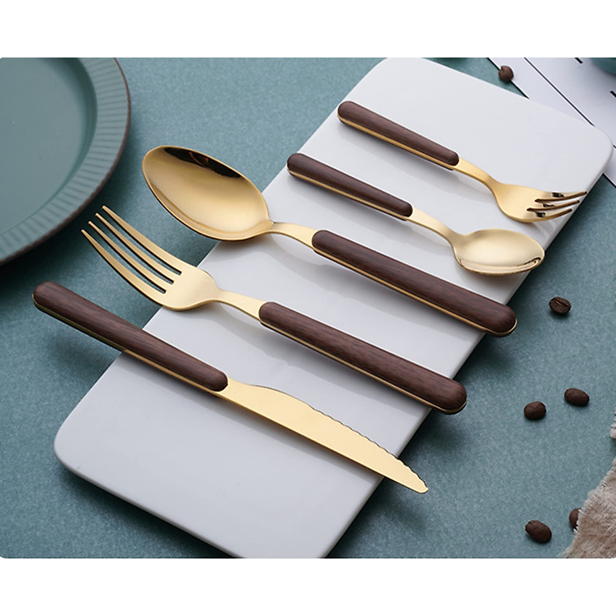 30 Piece Wood Silverware Set for 6 Gold Flatware Set With Wooden Handle Delicate Knives Forks and Spoons Cutlery Set Home Kitchen Christmas Tableware Utensils