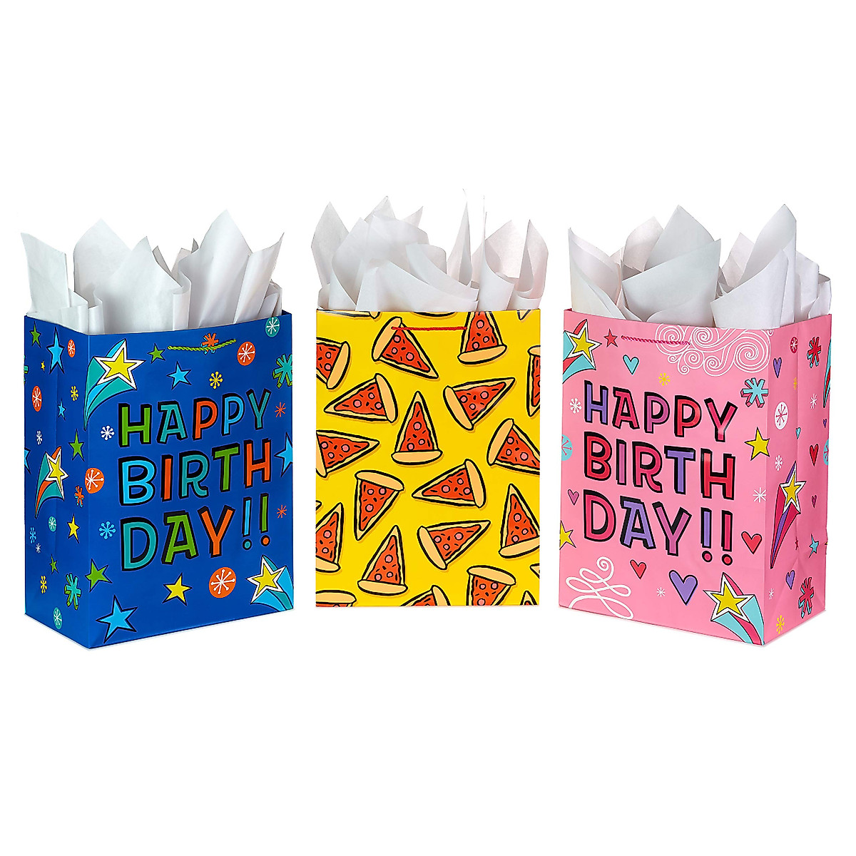 Hallmark 17" Extra Large Birthday Gift Bags (3 Bags: Blue and Green, Pink and Purple, Yellow with Pizza) for Kids, Teens, Boys, Girls, Grandchildren