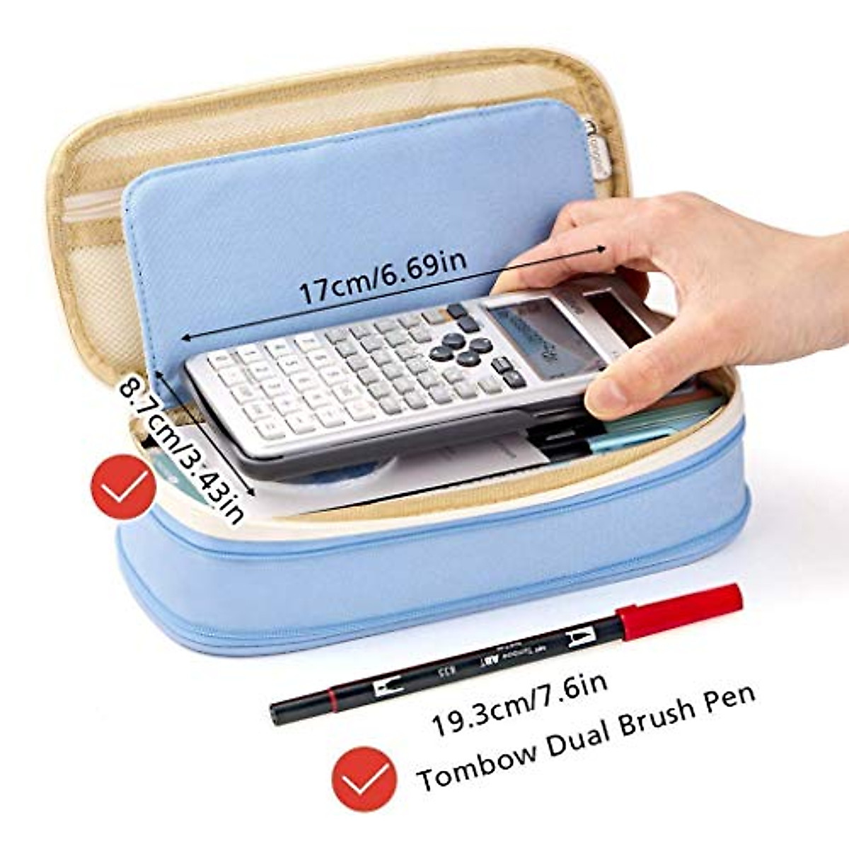 EASTHILL 2PC Big Capacity Pencil Case Pouch Large Pencil Bag for College School Teen Girls Boys Light blue + Khaki