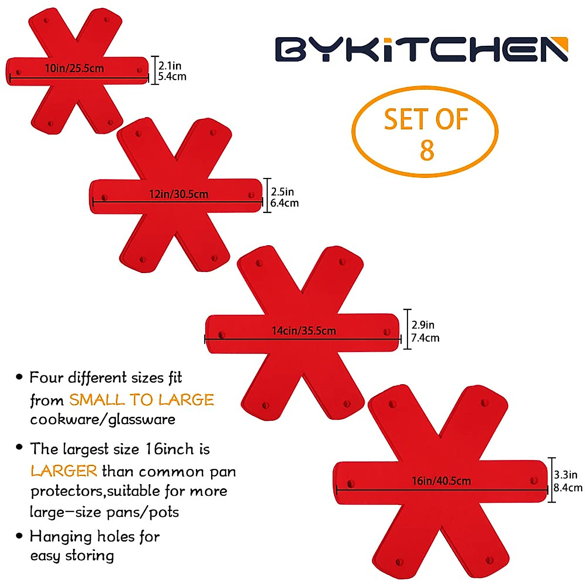 BYKITCHEN Pot Pan Protectors, Larger & Thicker Red Stacking Pot Protectors, Set of 8 and 4 Different Sizes, Pan Pot Separator Pads for Stacking and Protecting Your Cookware(10/12/14/16inch)