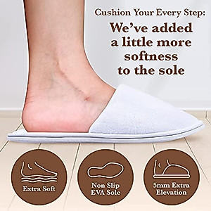 Spa Slippers, Disposable Slippers for Guests Bulk of 6 Pairs - Non-Slip Closed-Toe Premium White Spa Slippers Bulk with Travel Bags - Coral Fleece Hotel Slippers for Women and Men (3 Medium and 3 Large)