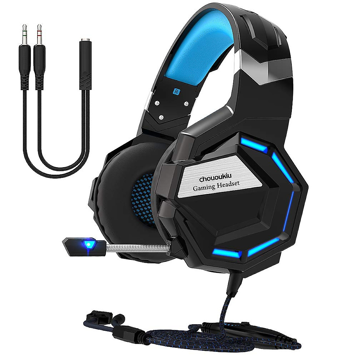 Gaming Headset - Chououkiu Headset Gaming Headphone for Xbox One, PS4, PC, Surround Sound Over Ear Headphones with Noise Cancelling Mic, LED Light Bass Surround Soft Memory Earmuffs (Blue)