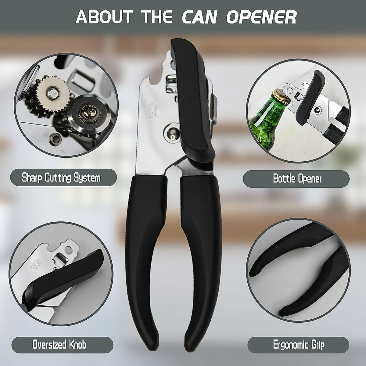 Can Opener Manual,Handheld Heavy Duty Can Opener Smooth Edge Comfortable Grip Safety Can Openers, Oversized Easy Turn Knob & Stainless Steel Sharp Blade,Ergonomic