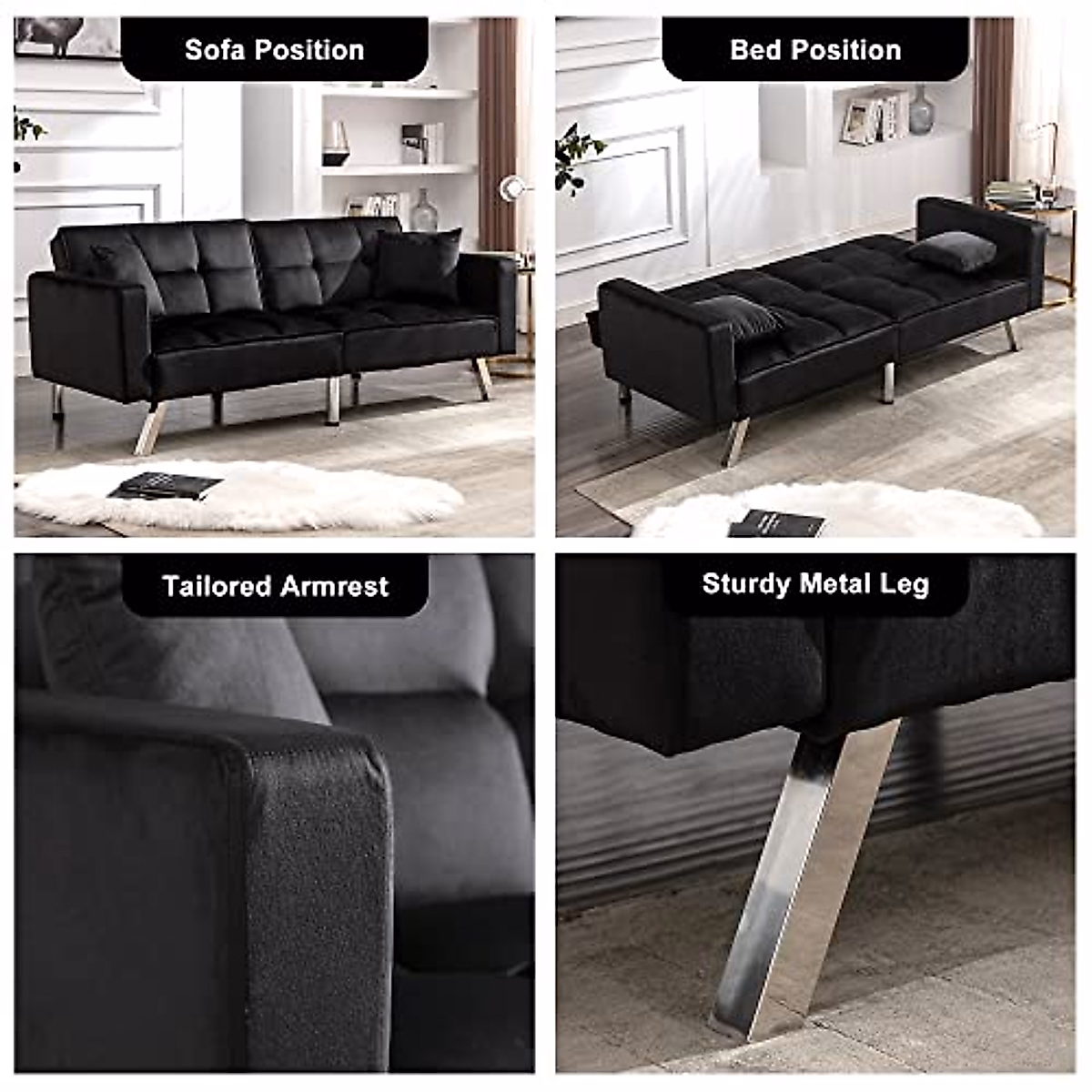 civama Futon Sofa Bed, 74" Modern Velvet Convertible Folding Lounge Couch, Upholstered Twin Size Sleeper Sofa with Arm 2 Pillows Split Back Design and Silver Metal Legs for Compact Space, Black