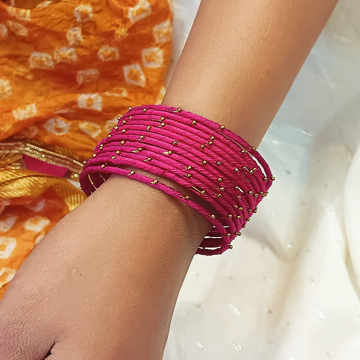 Efulgenz Indian Bangles for Women Indian Silk Thread Bangles Fashion Jewelry Indian Bollywood Gold Tone Beads Silk Thread Wedding Bridal Bracelet Bangle Set for Women (12 Pcs) Size 2.6