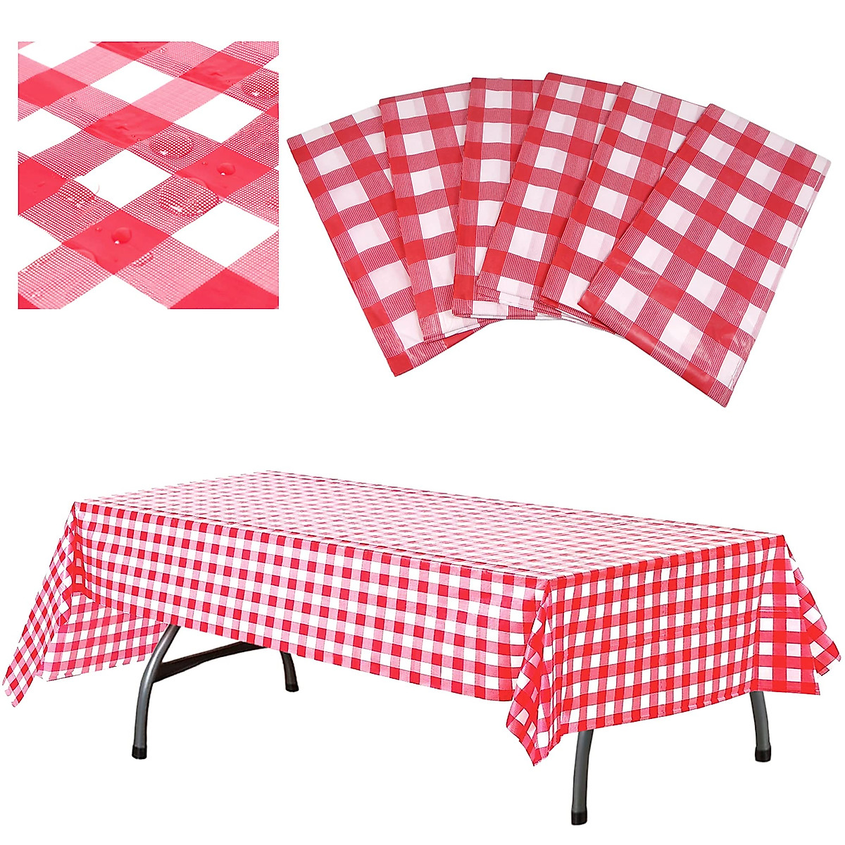 AnapoliZ Plastic Checkered Tablecloth | 6 Pcs Pack - 54” Wide x 108” Long | Red and White Picnic Disposable Table Cover | Rectangular Gingham Tablecover for Birthdays, Carnivals, Parties