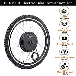 PEXMOR Electric Bike Conversion Kit, 48V 1000W 26" Front/Rear Wheel w/Tire Ebike Conversion Kit, Electric Bicycle Hub Motor Kit with LCD Display/Controller/PAS/Brake Lever/Torque Arm (Front)