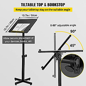VEVOR Lectern Podium Stand, Height Adjustable Laptop Table, Portable Presentation Standing for Classroom, Office, Church, Tilting Desktop with Edge Stopper, Black