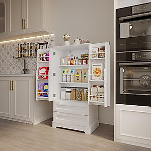 Gizoon 47" Kitchen Pantry Storage Cabinet with Drawers Freestanding Bathroom Storage Cabinets with Doors and Shelves, Small Food Pantry Cabinet for Dining Room Craft Room, White