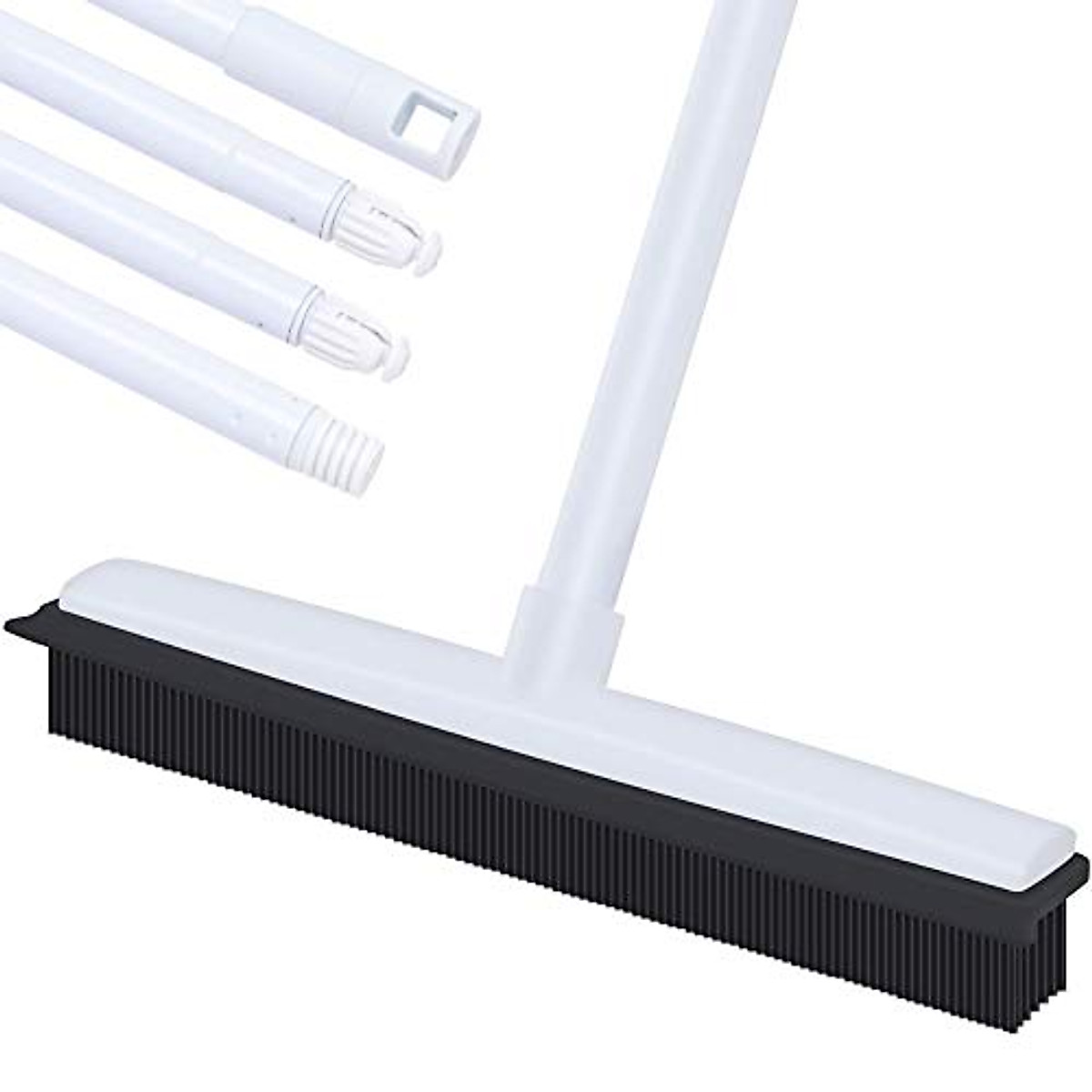 Push Broom, Soft Bristle Rubber Sweeper Squeegee Edge with 60 inches Adjustable Long Handle, Non Scratch Bristle Broom for Pet Dog Hair Carpet Hardwood Floor Tile Windows Cleaning (White)