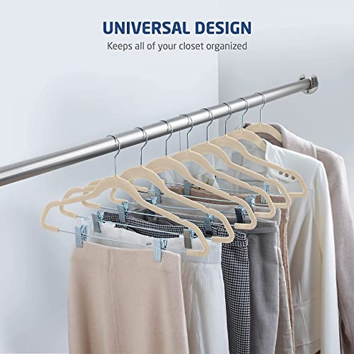 Zober Velvet Hangers with Clips - Pack of 20 Metal Clip Hangers for Pants - Notched Ivory Velvet Skirt Hangers for Pants, Skirts, Suits, Dresses & Shirts w/ 360 Degree Hook - Non Slip Felt Hangers