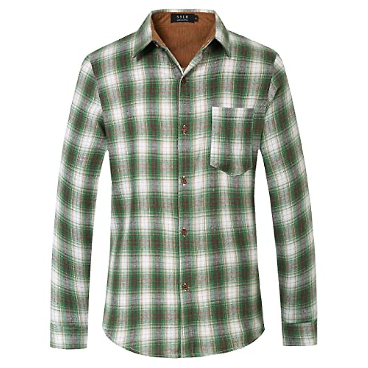 SSLR Flannel Shirts for Men Long Sleeve Button Down Shirt Lightweight Plaid Brushed Casual (Large, Green Brown)