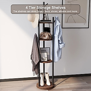 Espelism Rotary Coat Rack Freestanding Metal Coat Hall Tree Stand with 4 Tiers Storage Display Shelf and 9 Hooks for Entryway Bedroom Corner Office Garment Clothes Holder (Brown)