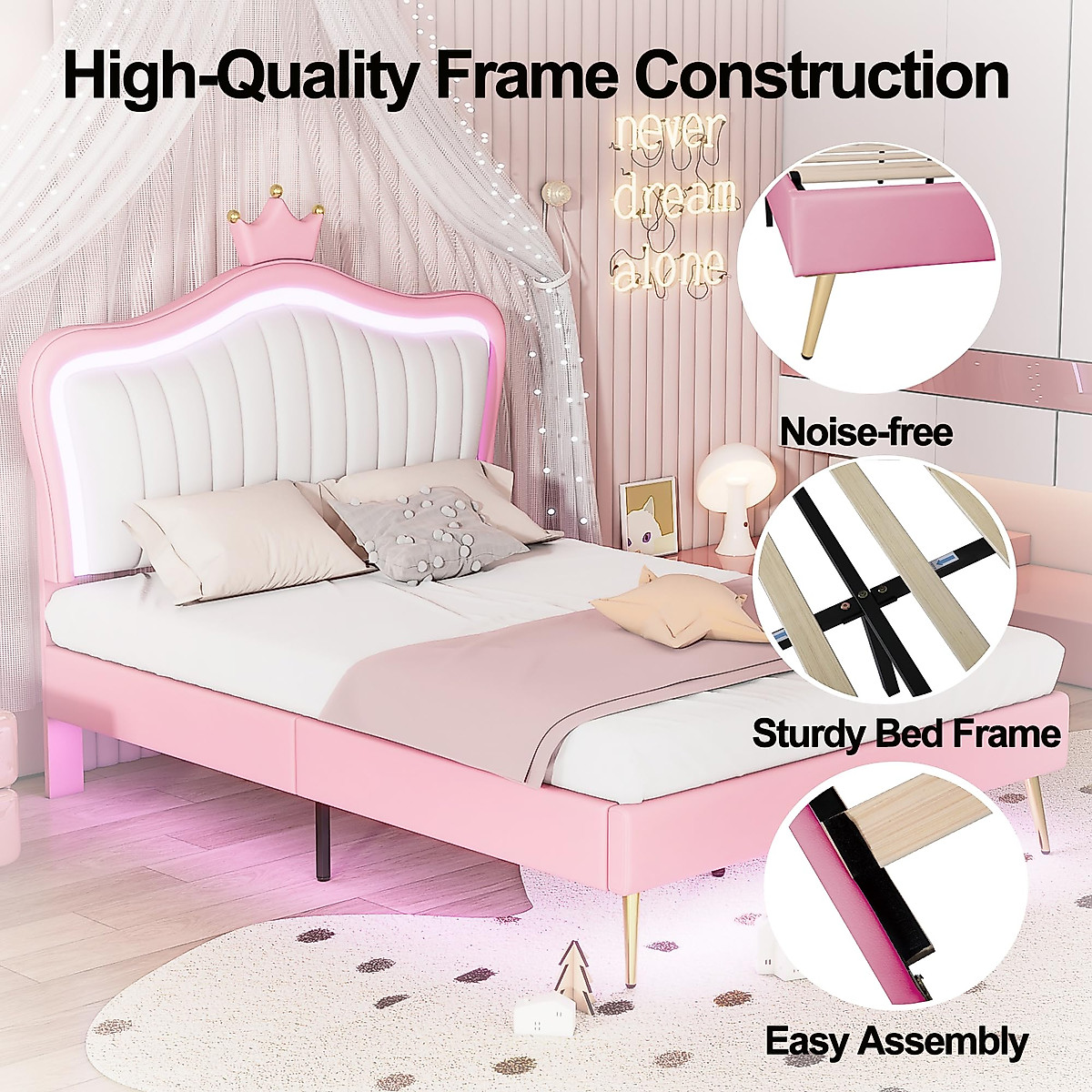 CITYLIGHT Full Size Upholstered Princess Bed with Crown Headboard, Wood Cute Kids Bed Frame Full with LED Lights and Metal Legs for Girls, No Box Spring Required (Full,Pink)