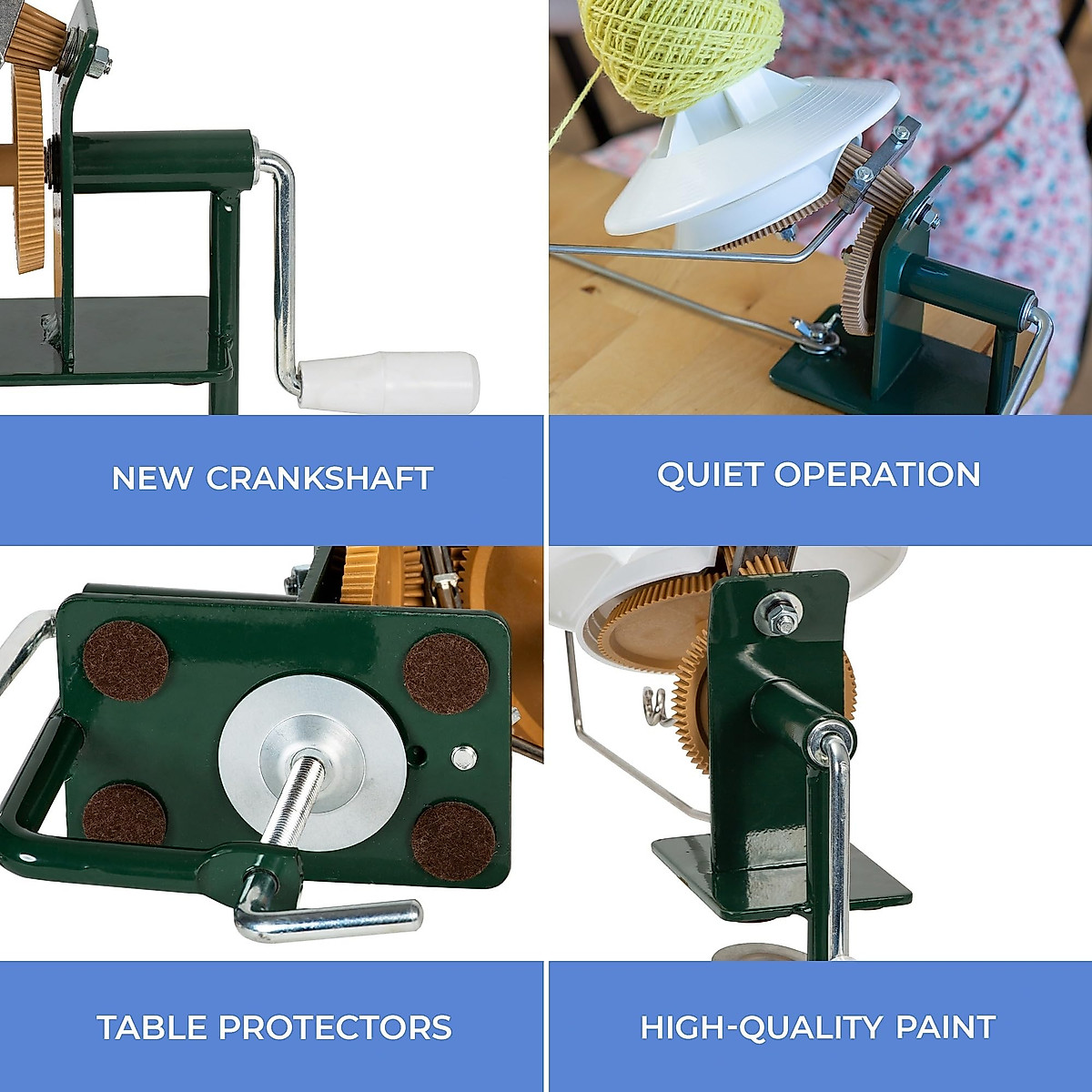 Metal Hand Operated Yarn Winder for Crocheting - Best Heavy Duty Large Yarn Ball Winder 10 Oz Capacity - Quiet Yarn Spinner with Steel Frame, Table Protectors, and Clamp - Easy to Assemble and Use