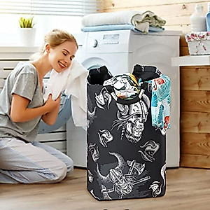 Kigai Viking Helmets Skull Laundry Basket, Oxford Fabric Collapsible Laundry Hamper, Freestanding Clothes Laundry Bag, Foldable Washing Bin with Handle