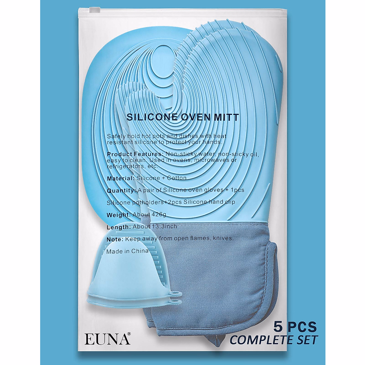 EUNA Silicone Oven Mitts, Heat Resistant Oven Mitts and Pot Holders Sets, Non-Slip Kitchen Mittens with Mini Oven Gloves and Hot Pads, Perfect for Baking Cooking, Quilted Liner, Gift Box, Blue & Azure