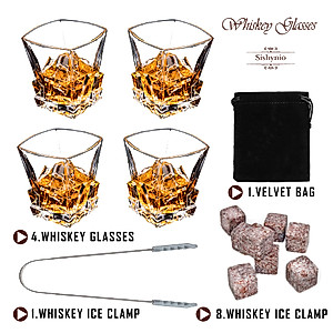 Sishynio Whiskey Glasses Set of 4 for Men, 10oz with 8 Cube Granite Chilling Stones, Whiskey Rocks Glasses Gift Set for Grandpa Father Husband