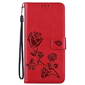 lefeda Case for iPhone 15Pro Max/15 Pro/15 Plus/15, Flip Leather Rose Flower Embossed Wallet Cover, Magnetic Closure Case with Card Slots,Red,15 Pro Max