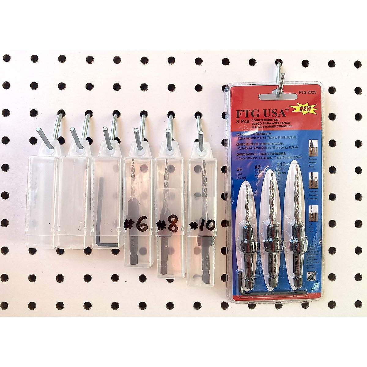 FTG USA Wood Countersink Drill Bit Set #6#8#10 Set Countersink HSS M2 Tapered Drill Bits, Quick Change 1/4 inch Hex Shank Countersink Bit, 1 Allen Wrench, and 6 Storage Containers for Countersinks