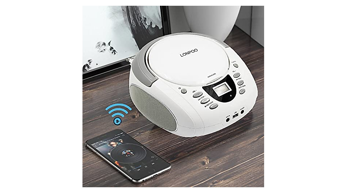 LONPOO Portable Boombox with CD, Bluetooth & FM Radio | White Audio Player