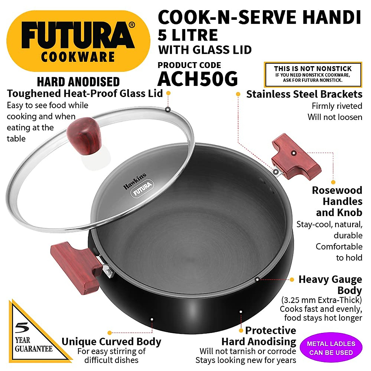 ‎Hawkins Futura 5 Litre Cook n Serve Handi, Hard Anodised Biryani Handi with Glass Lid, Saucepan, Sauce Pan, Black (ACH50G)