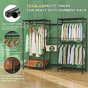 LEHOM G7 Heavy Duty Clothes Rack for Hanging Clothes, Portable Garment Rack Compact Size Closet Organizer, Freestanding Metal Clothing Rack Wardrobe Closet with Storage Shelves for Bedroom(Medium)