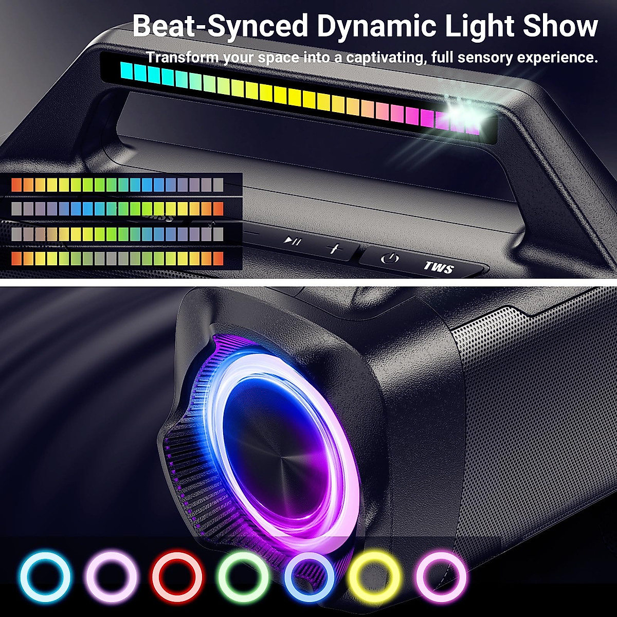 AKONE Portable Bluetooth Outdoor Speaker: 80W Loud Sound Wireless Durable Large Bocina with Lights Powerful Deep Bass Subwoofer TWS Stereo Sound Big Boombox Waterproof for Party Beach Camping Garage