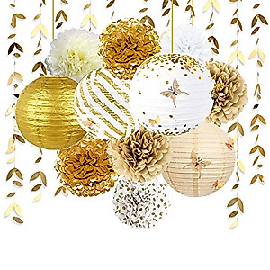 White and Gold Party Decoration Kit Lanterns Flowers Pom Pom with Gold 3D Butterfly Stickers and Leaf Garland Streamers for Birthday Engagement Wedding Bridal Shower Bachelorette Party Decor Supplies