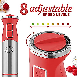 Zulay Kitchen Immersion Blender Handheld 500W - 8 Speed Copper Motor Immersion Hand Blender - Heavy Duty Stick Blender Immersion With Stainless Steel Whisk and Milk Frother Attachments (Red)