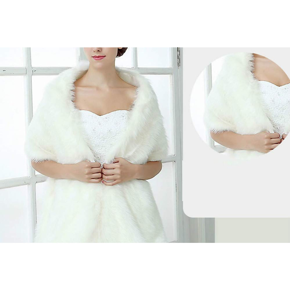 Mydio Faux Fur Shawl Wrap Stole Cape，Shawl Wrap Faux Fur Scarf Stoles for Wedding Dresses (White)