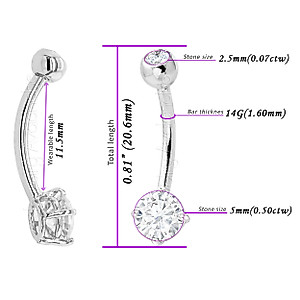 0.57ctw Moissanite Solid 14Kt White Gold Belly Ring, 14G Belly Button Barbell, Navel Piercing Jewelry, 14Kt Gold Body Jewelry - 14KBR02-MNT-WG