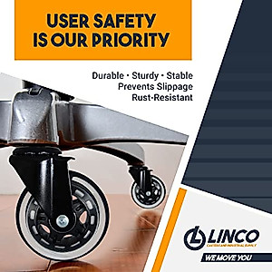 Linco 3” Heavy Duty Swivel Office Chair Wheels - Set of 5 Polyurethane Furniture Wheels with 11mm Stem Size - Replacement Wheels for Office Chair, Gaming Chairs - Capacity: 600 lbs
