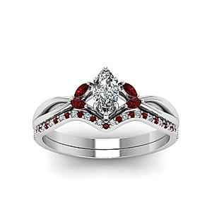 CaratYogi Marquise Cut Twisted Diamond Bridal Set sterling silver Created Ruby Marquise shape Red color Wedding Ring Sets prong Setting in Size 5 Party Wear Daily Wear Ornament