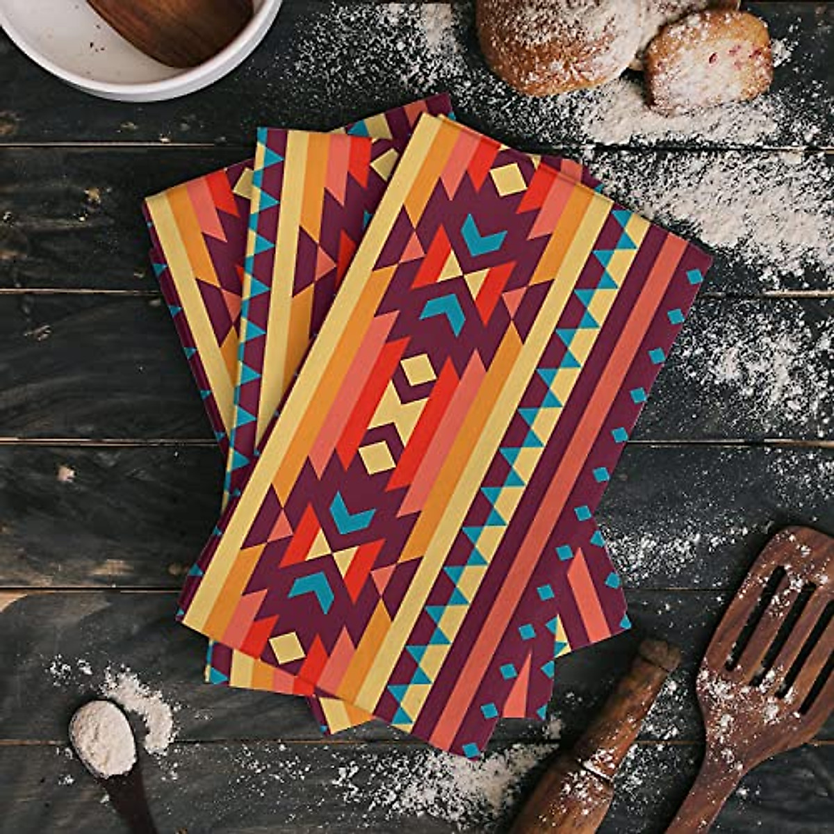 Kitchen Towel Indian Geometric Ethnic Tribal Art Dish Cloths 4 Pack 18x28in,Super Absorbent Tea Hand Towels Bathroom Cleaning Cloth Abstract Vintage Native Texture Soft Dishcloth for Drying Dishes