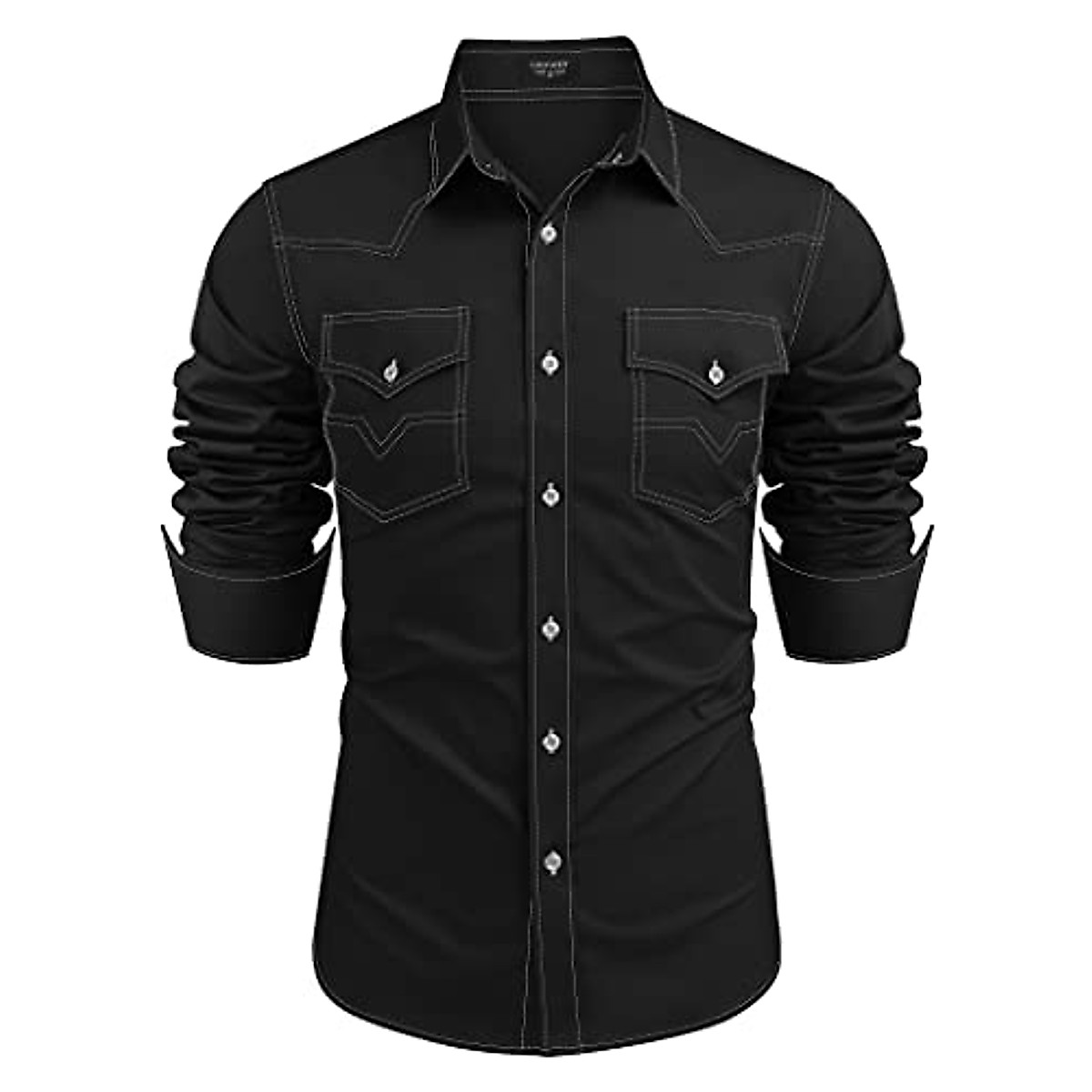 COOFANDY Mens Shirt Western Dress Long Sleeve Casual Cotton Button Down Denim Work, 01-Black, Large, Long Sleeve