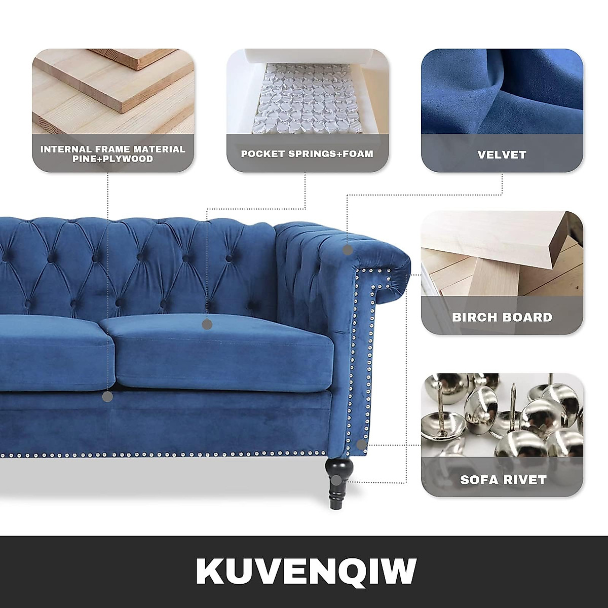 KUVENQIW Modern Chesterfield Sofa Fabric Couch.Button Tufted Nailhead upholstered Three-Seater Sofa for Living Room, Bedroom, Office Lounge.Comfortable and Durable.(Blue)