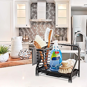 KMOTASUO Kitchen Sink Caddy Organizer, Sink Tidy Caddy Organizer Sponge Brush Soap Holder with Drain Pan, Kitchen Utensil Holders Cleaning Caddy for Countertop Stainless Steel Rustproof