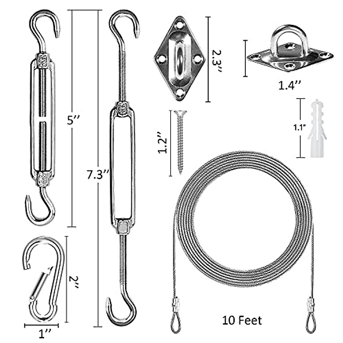 5'' Sun Shade Sail Hardware Kit with 304 Stainless Steel Wire Rope for Triangle Rectangle Sun Shade Sail Installation, Garden Outdoors Accessories , 48 Pcs (5 inch)