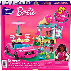 Mega Barbie Car Building Toys Playset, Convertible & Ice Cream Stand with 225 Pieces, 2 Micro-Dolls and Accessories, Pink,
