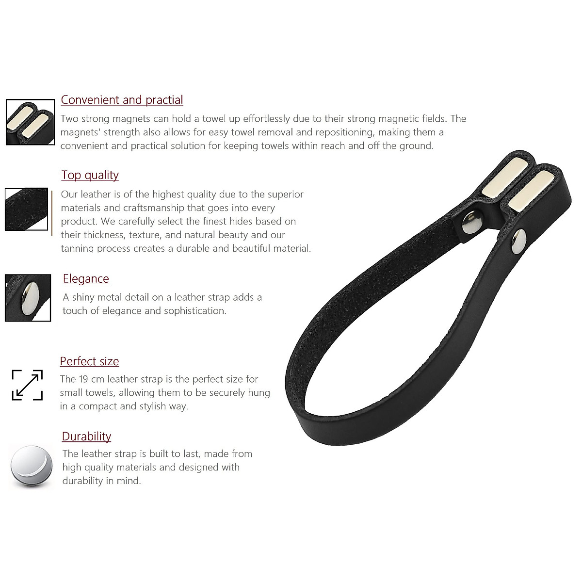 Towel Clip Leather with Magnets 2-Pack Black | Simple and Covenient Kitchen or Bathroom Accessory for Design Lover | for Small Towels